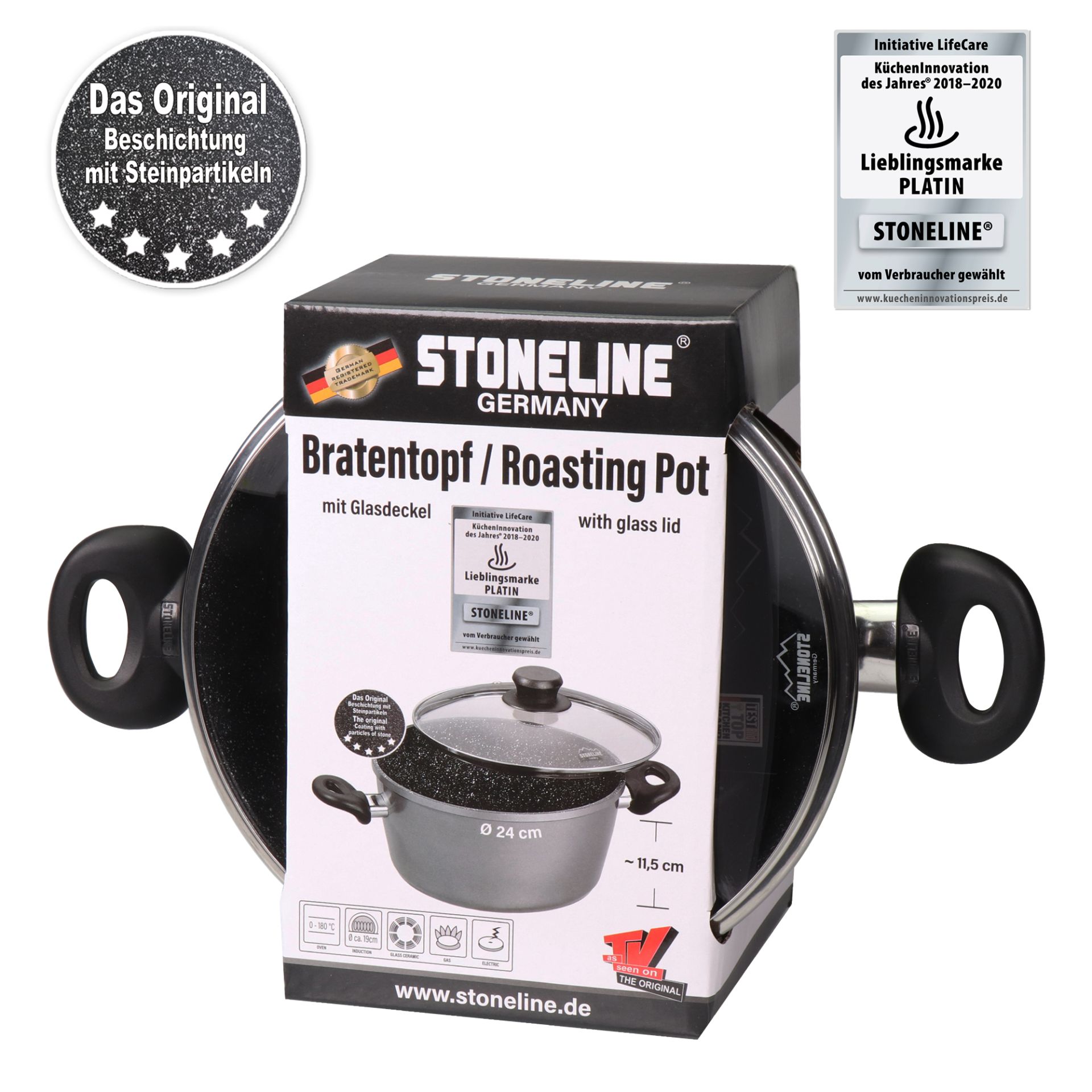 STONELINE® Frying pot 24 cm with glass lid - with non-stick power