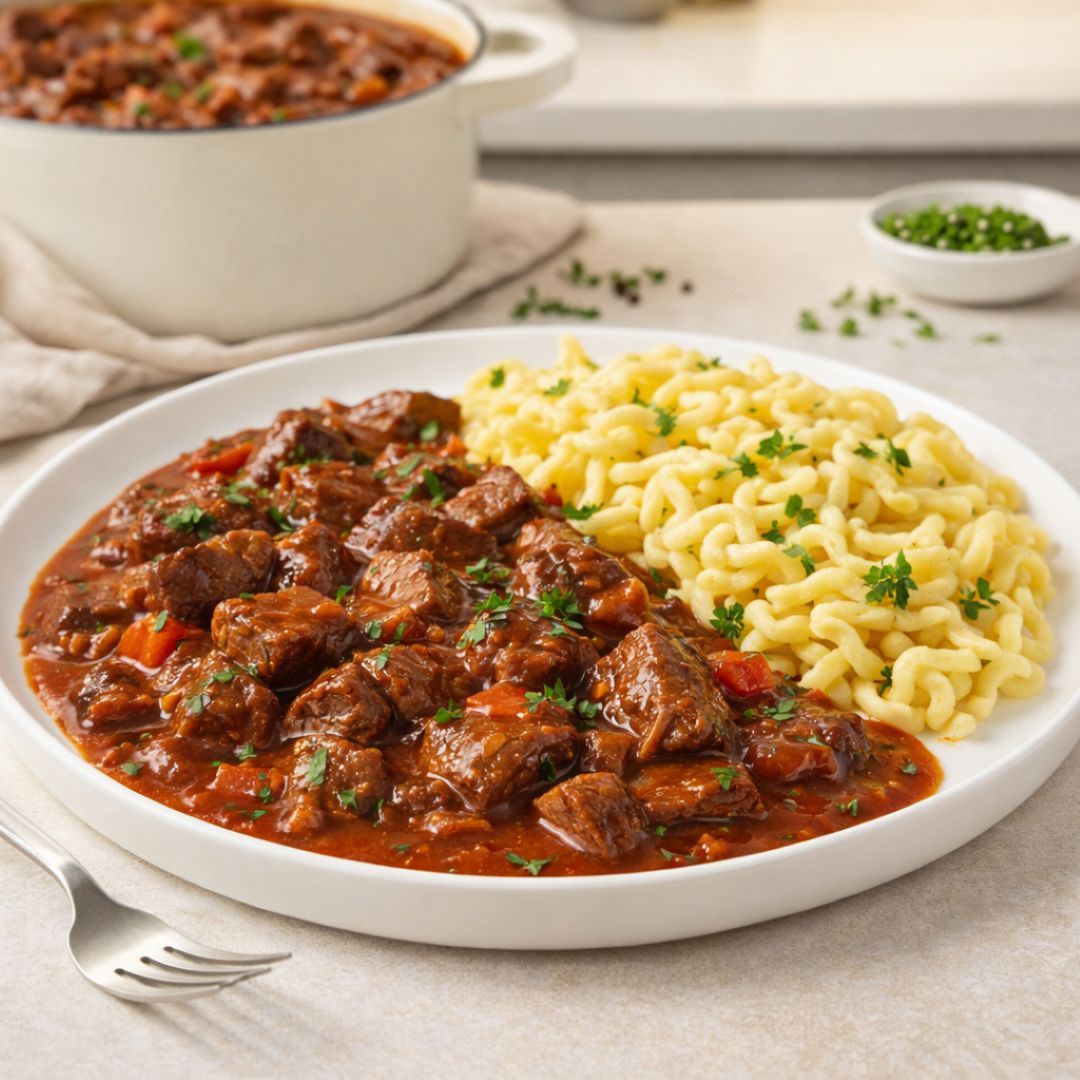 Gulasch mit Spätzle – Bestes Rezept für zartes Fleisch & hausgemachte ...