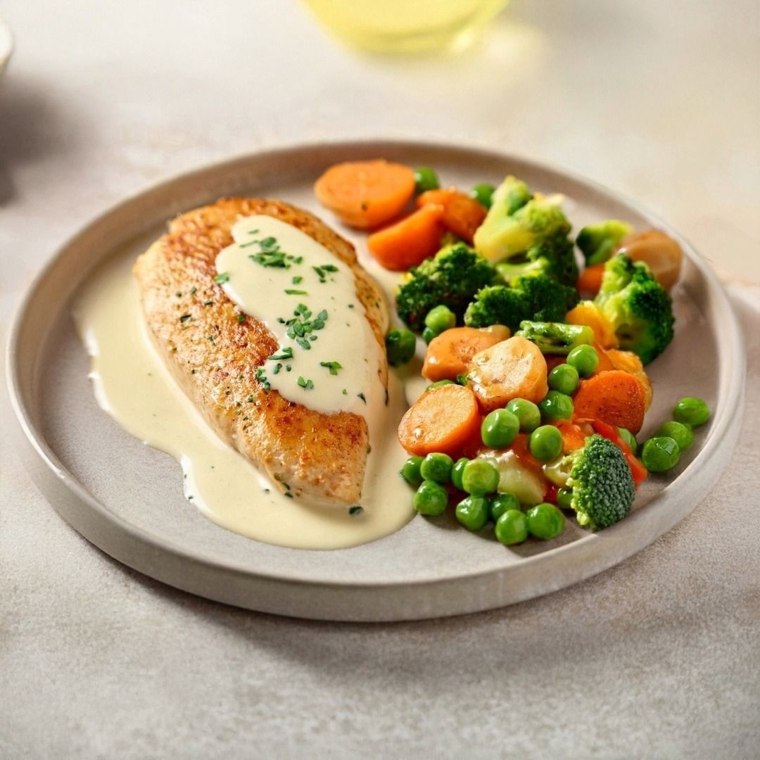 Chicken Breast in Herb Cream Sauce with Buttered Vegetables – A Delight ...